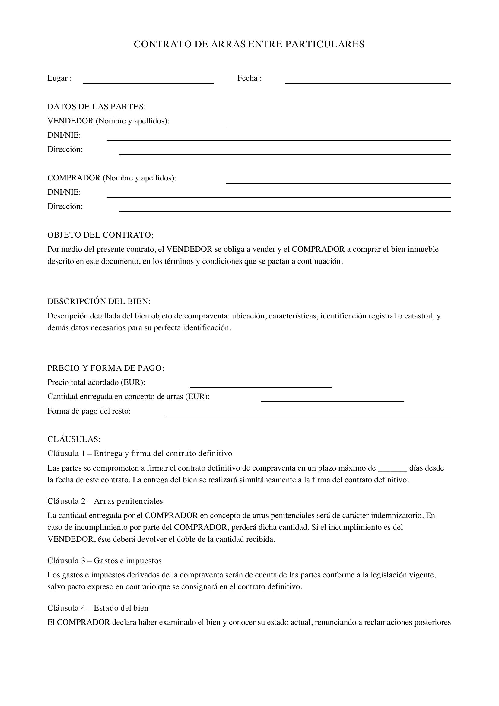 Contrato De Arras Entre Particulares Modelo