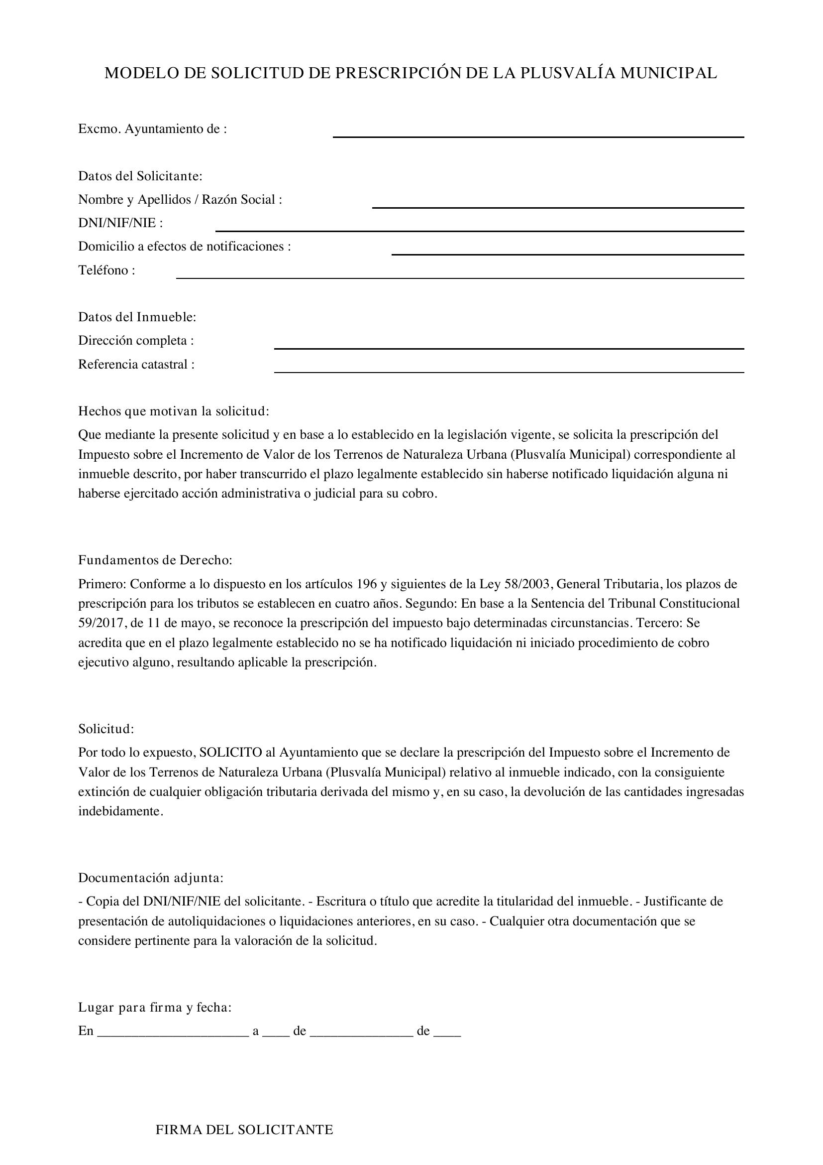Modelo Solicitud Prescripción Plusvalía